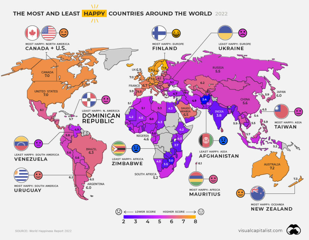 Ranking e Mapa da Felicidade Mundial - Países mais felizes
